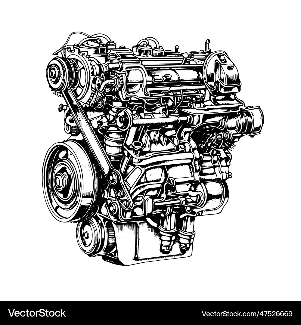 Detailed Engine Drawing - Automotive Illustration Vector Image