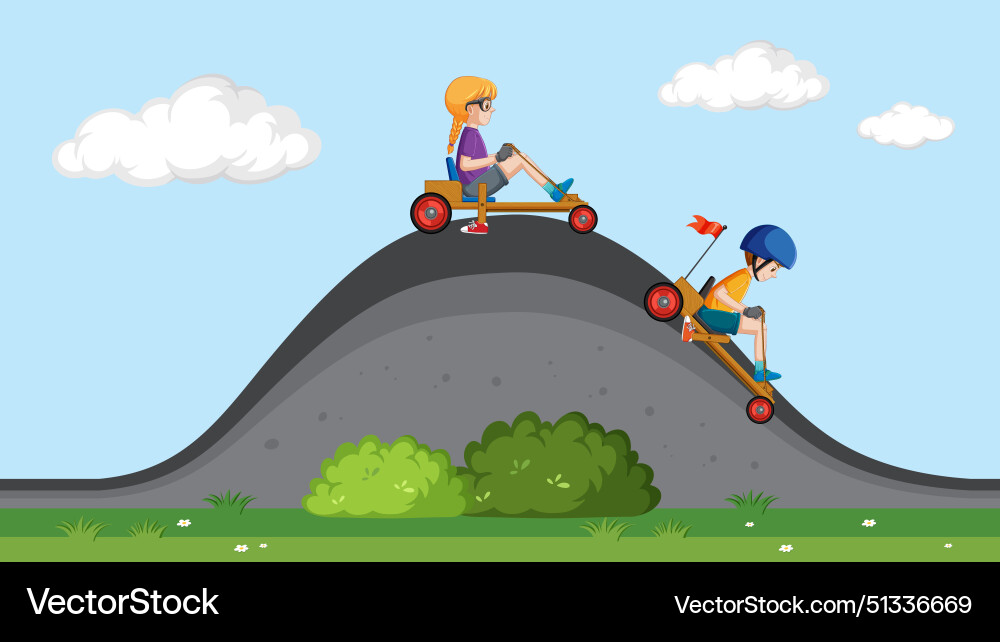 Two kids enjoy a playful race outdoors Royalty Free Vector