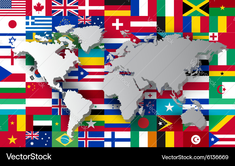 World map on different flags background Royalty Free Vector