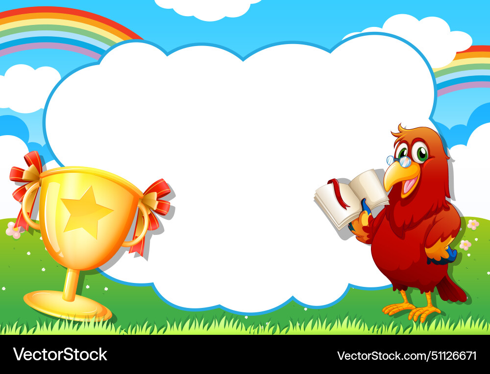 Cartoon bird reading a book beside trophy Vector Image