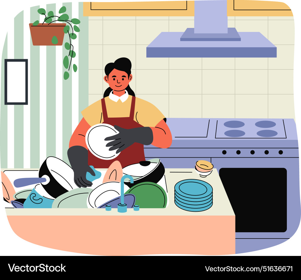 Man washing dishes kitchen Royalty Free Vector Image
