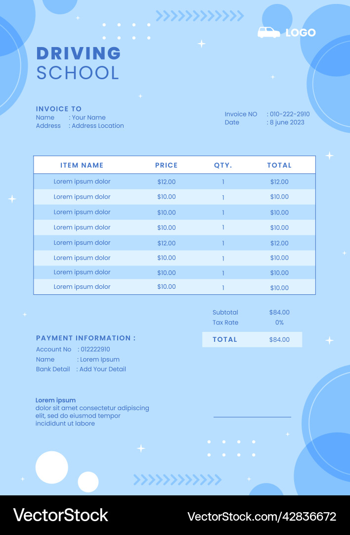Car driving school invoice template social media Vector Image