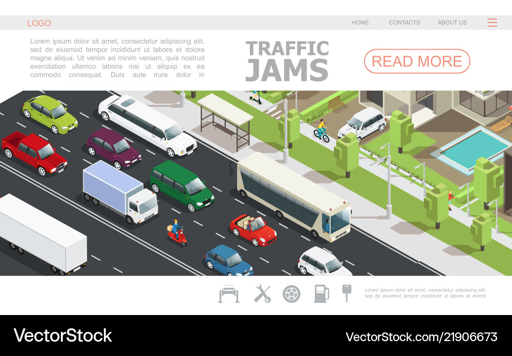 Isometric traffic jam web page template Royalty Free Vector