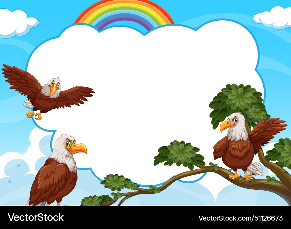 Three eagles near a tree under colorful rainbow Vector Image