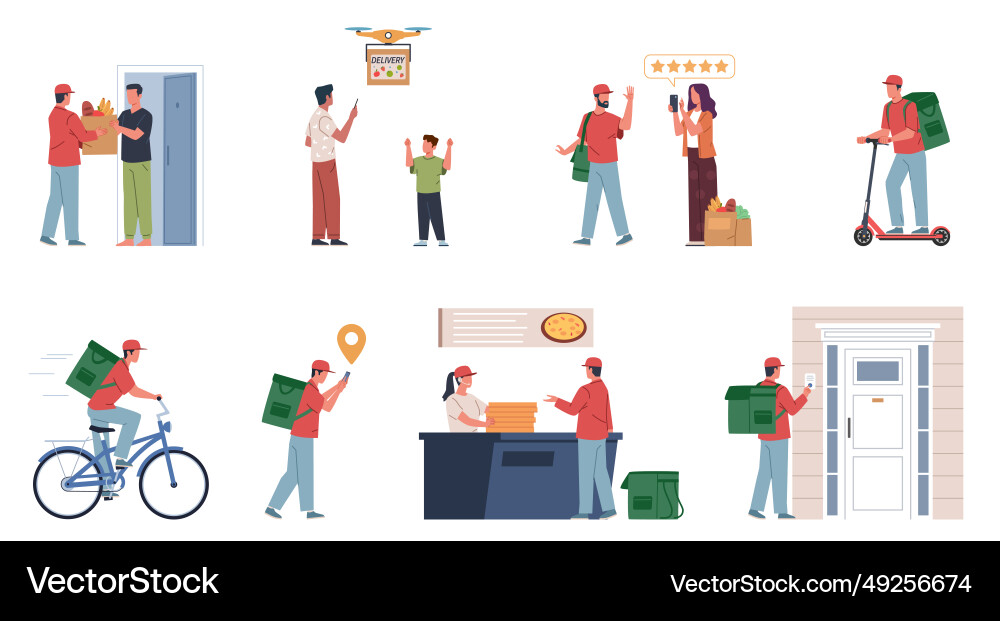 Food delivery service couriers delivering Vector Image