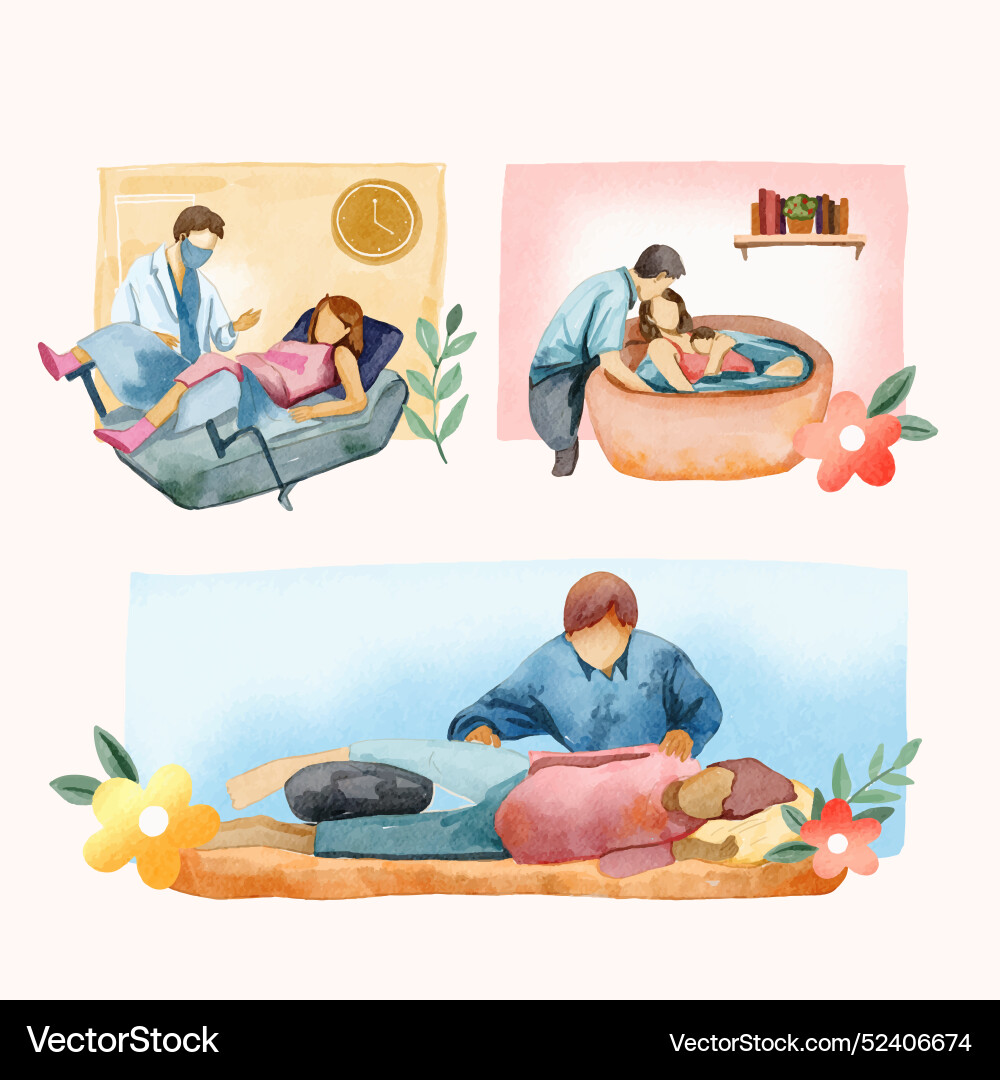 Hand drawn childbirth scenes Royalty Free Vector Image