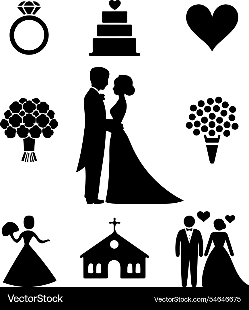 Black and white wedding icons set Royalty Free Vector Image