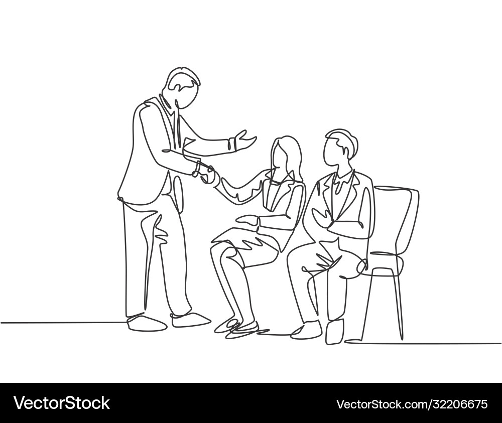 One line drawing company manager meet Royalty Free Vector