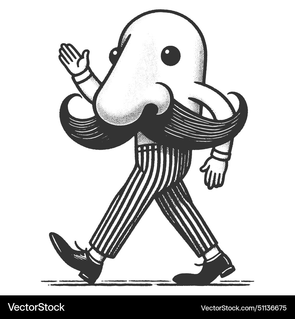 Walking nose with mustache engraving Royalty Free Vector