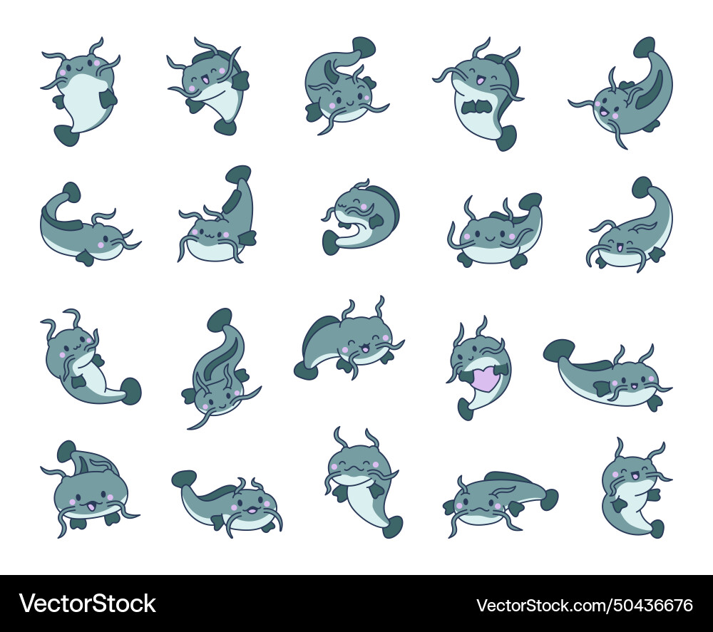 Cute kawaii catfish in different poses funny Vector Image