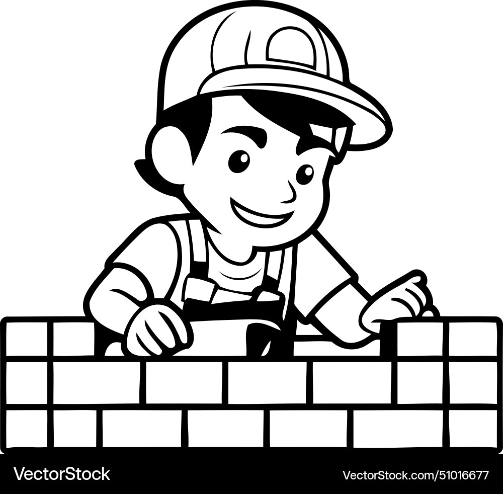 Construction worker building a brick wall flat Vector Image