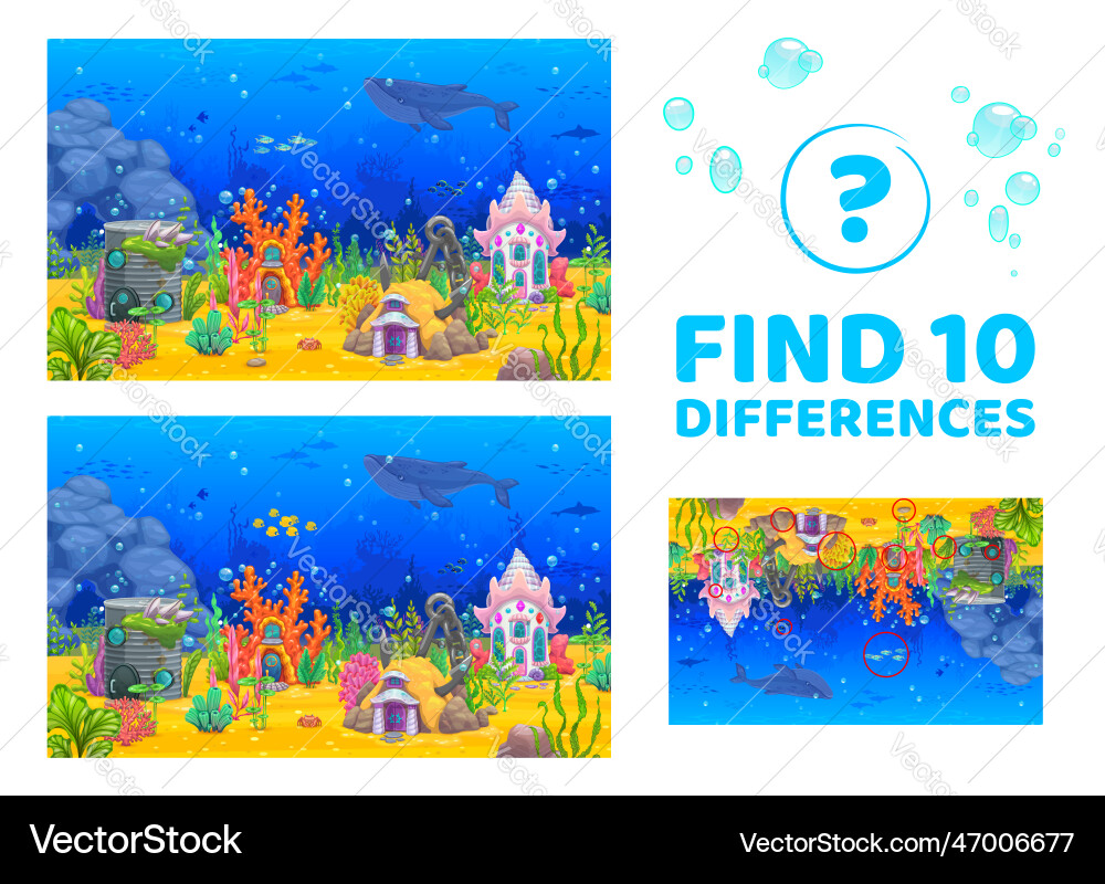 Find ten differences cartoon underwater landscape Vector Image