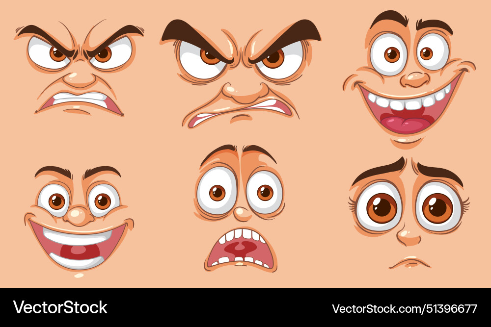 Six cartoon faces showing different emotions Vector Image