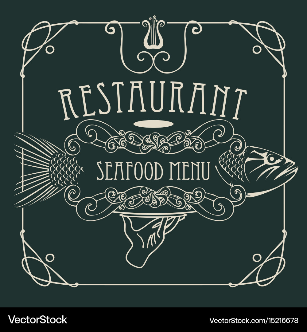 Seafood restaurant menu with hand tray and fish Vector Image