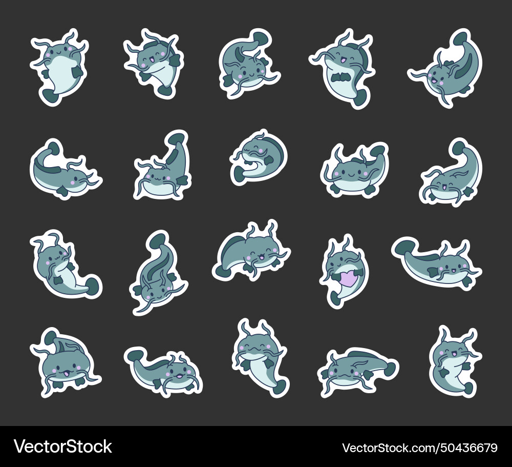 Cute catfish in different poses sticker bookmark Vector Image