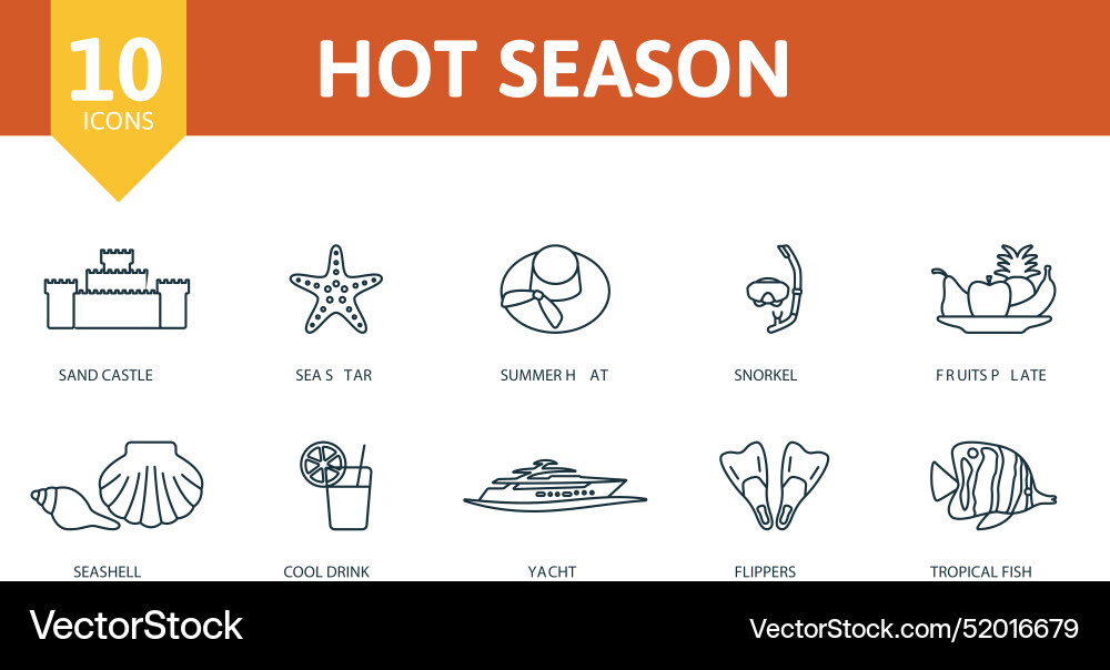 Hot season outline icons set creative sand Vector Image