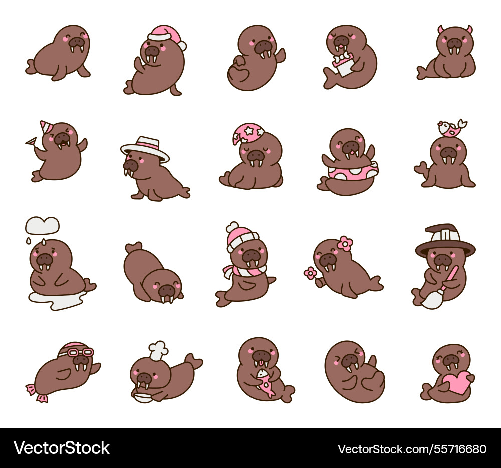 Adorable walrus set featuring various emotions Vector Image