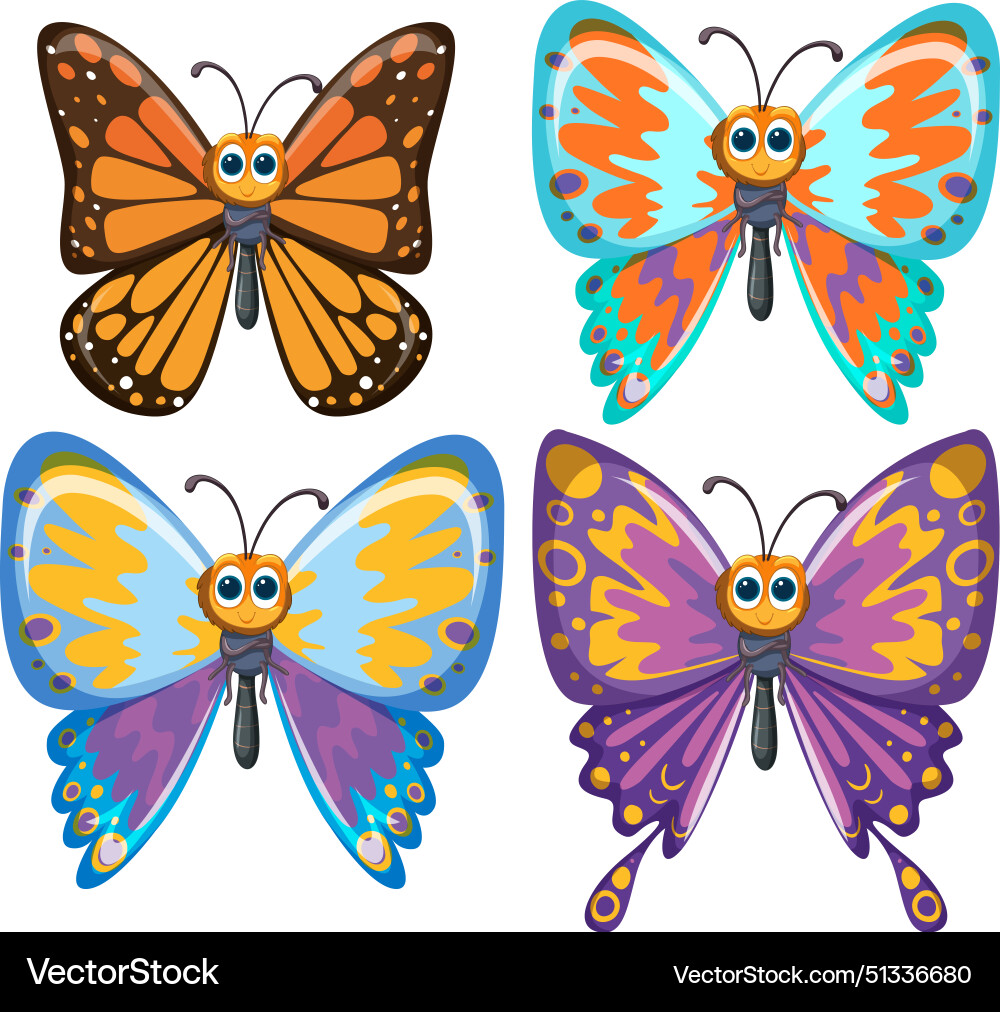 Four vibrant cartoon-style butterfly designs Vector Image
