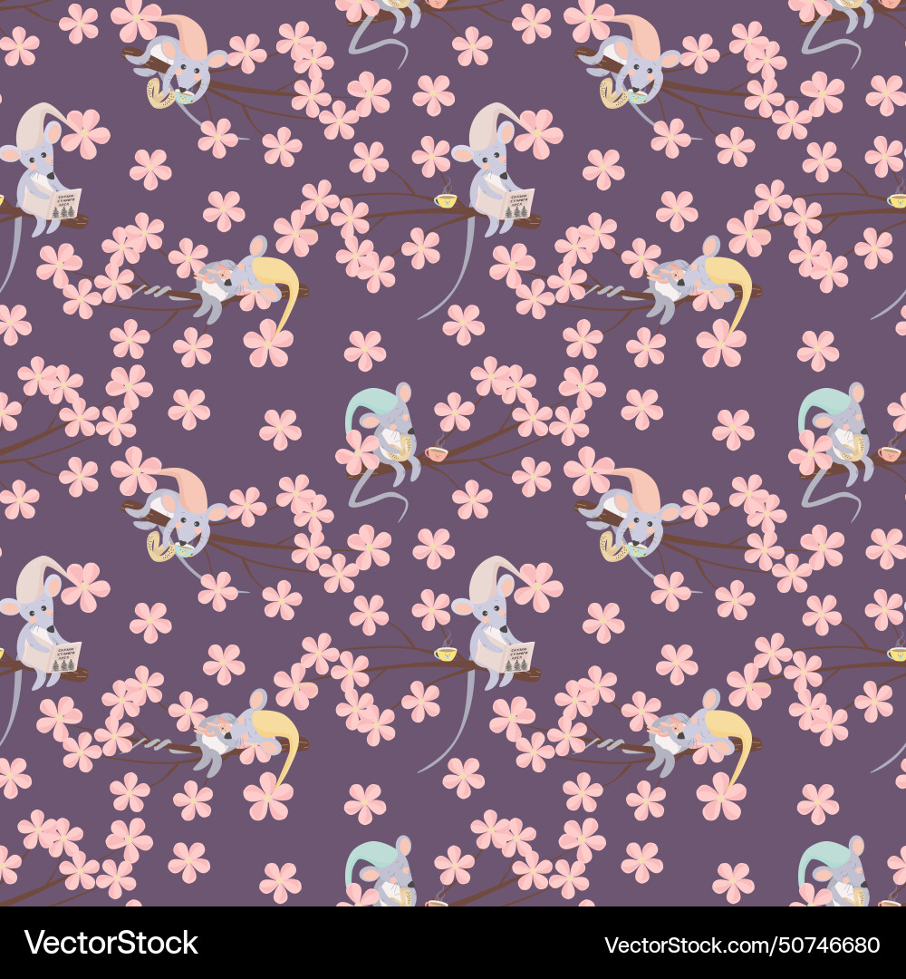 Mice on a tree purple background Royalty Free Vector Image