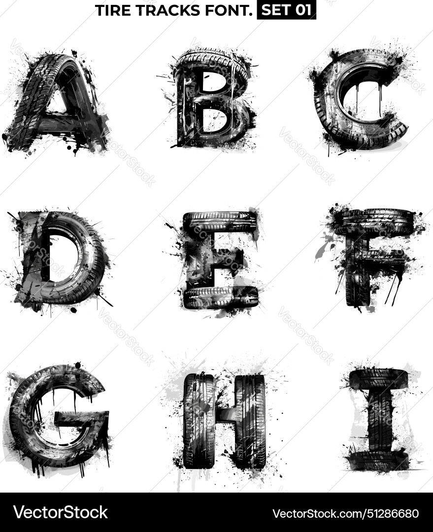 Tire Tracks Font Set - Lettering & Typography Vector Image