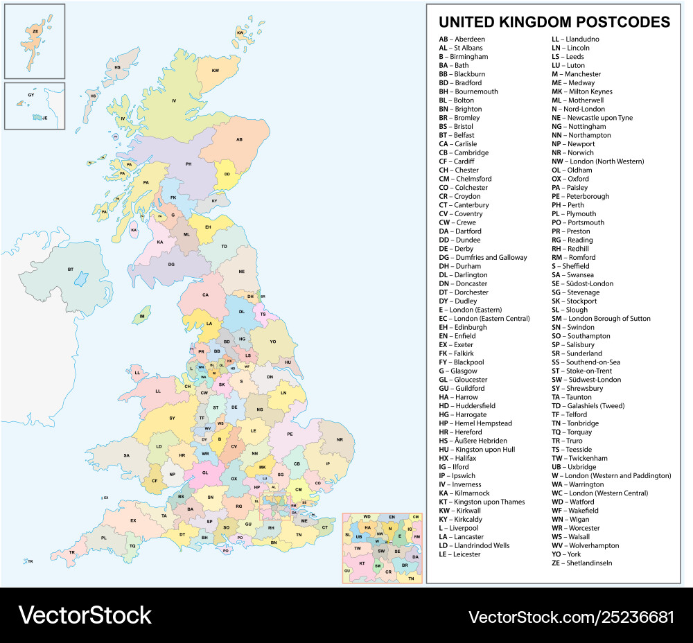 United kingdom postcodes or postal codes map Vector Image
