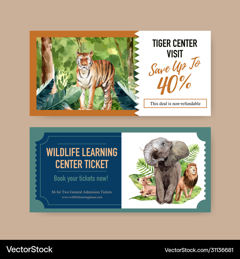 Zoo ticket design with elephant lion deer Vector Image