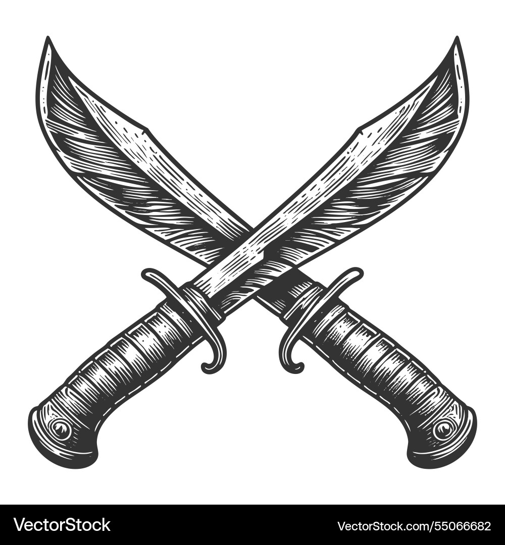 Crossed hunting knives machete Royalty Free Vector Image