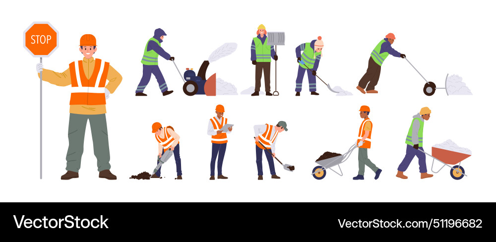 Road workers cartoon character repairing asphalt Vector Image