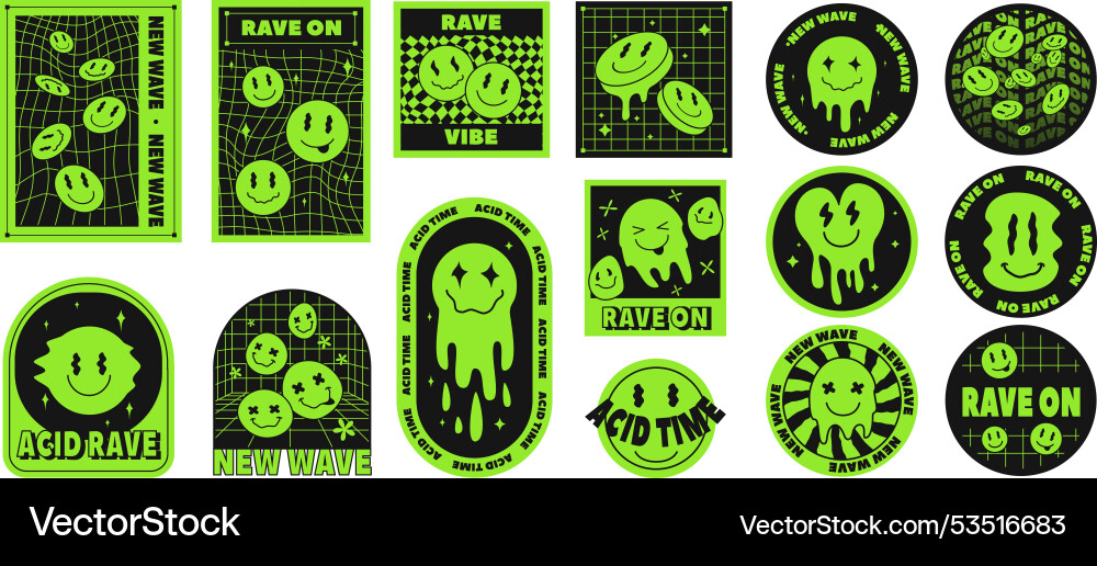 Psychedelic smile stickers trippy badges neon Vector Image