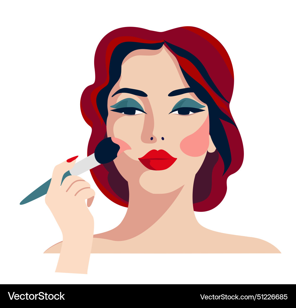 Young woman applying face blush for perfect makeup