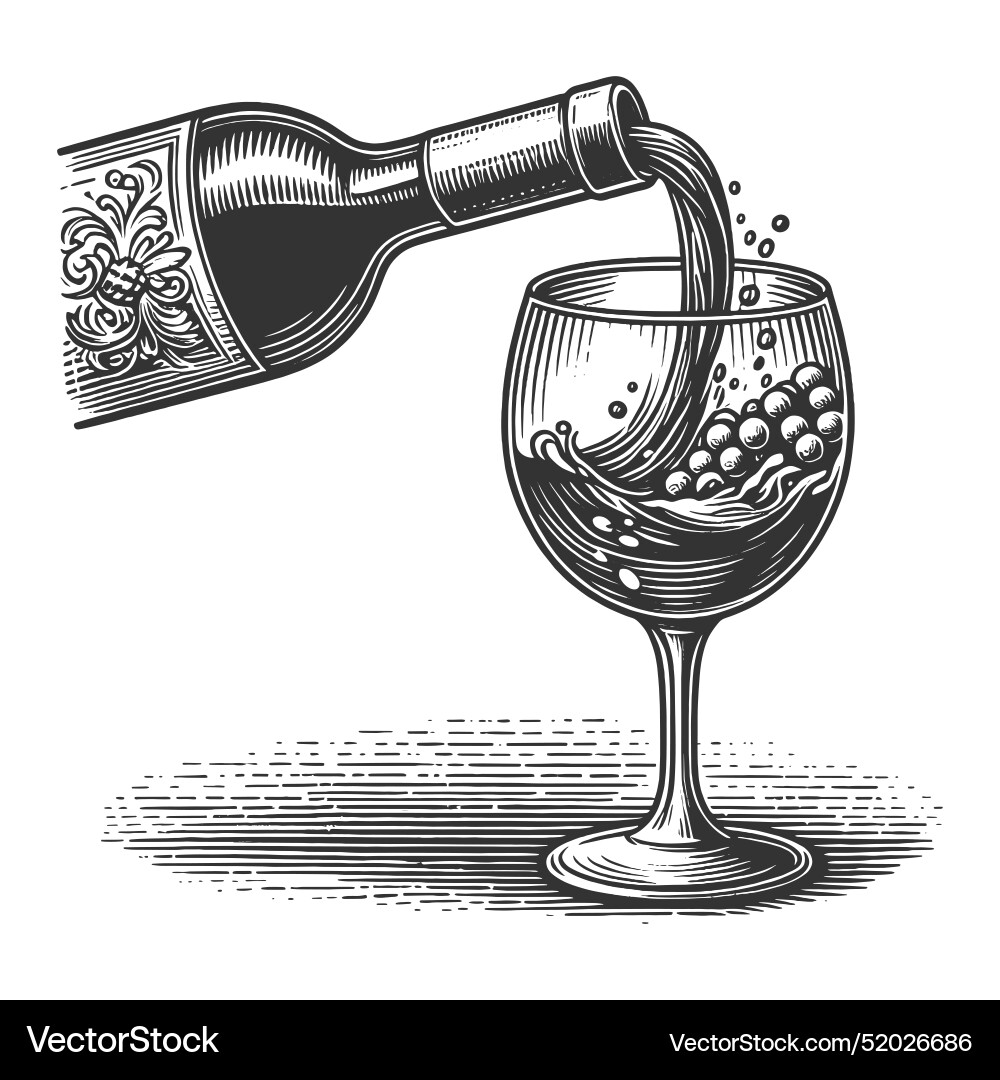 Pouring wine into glass engraving Royalty Free Vector Image