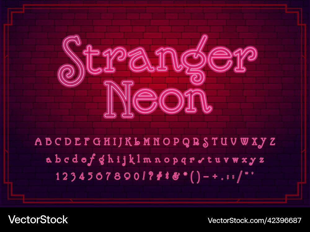 Bright neon alphabet letters numbers and symbols Vector Image