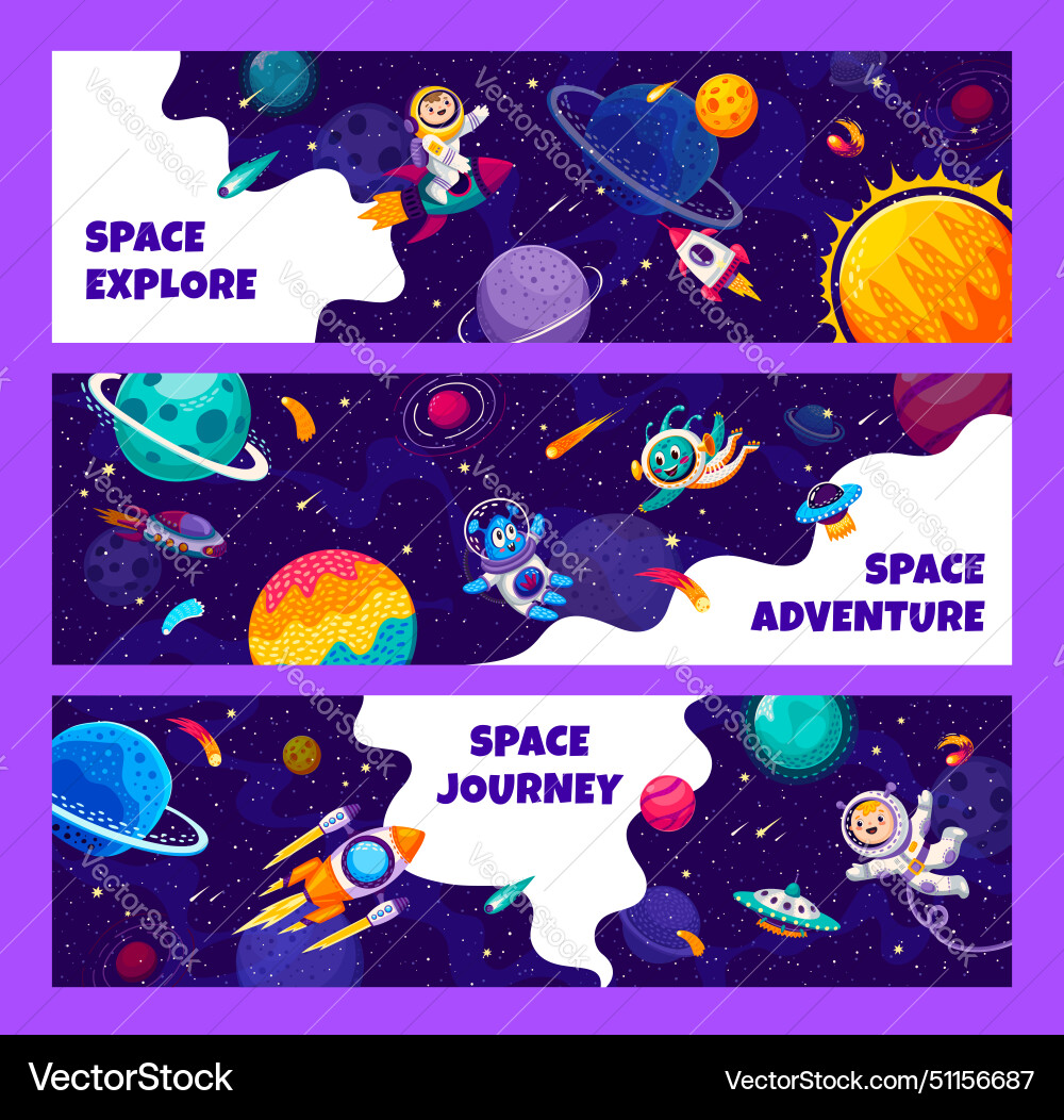 Space explore banners with alien and kid astronaut