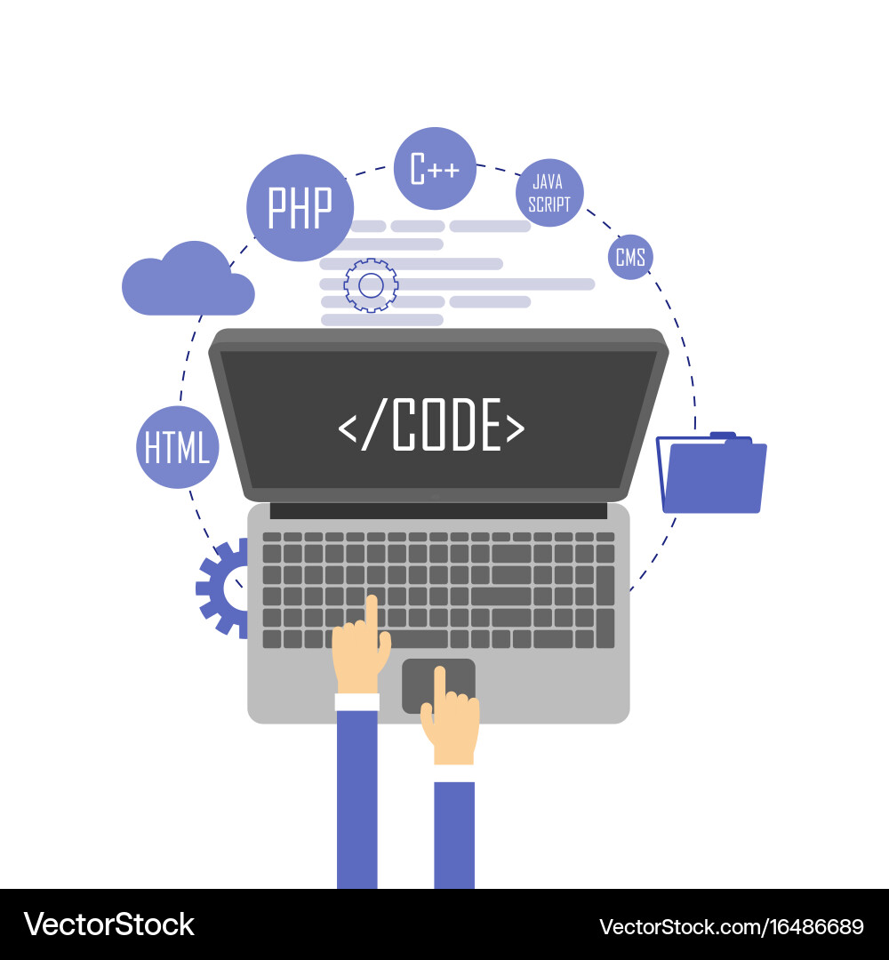 Programmierer am Computertisch am Programm Vektorbild