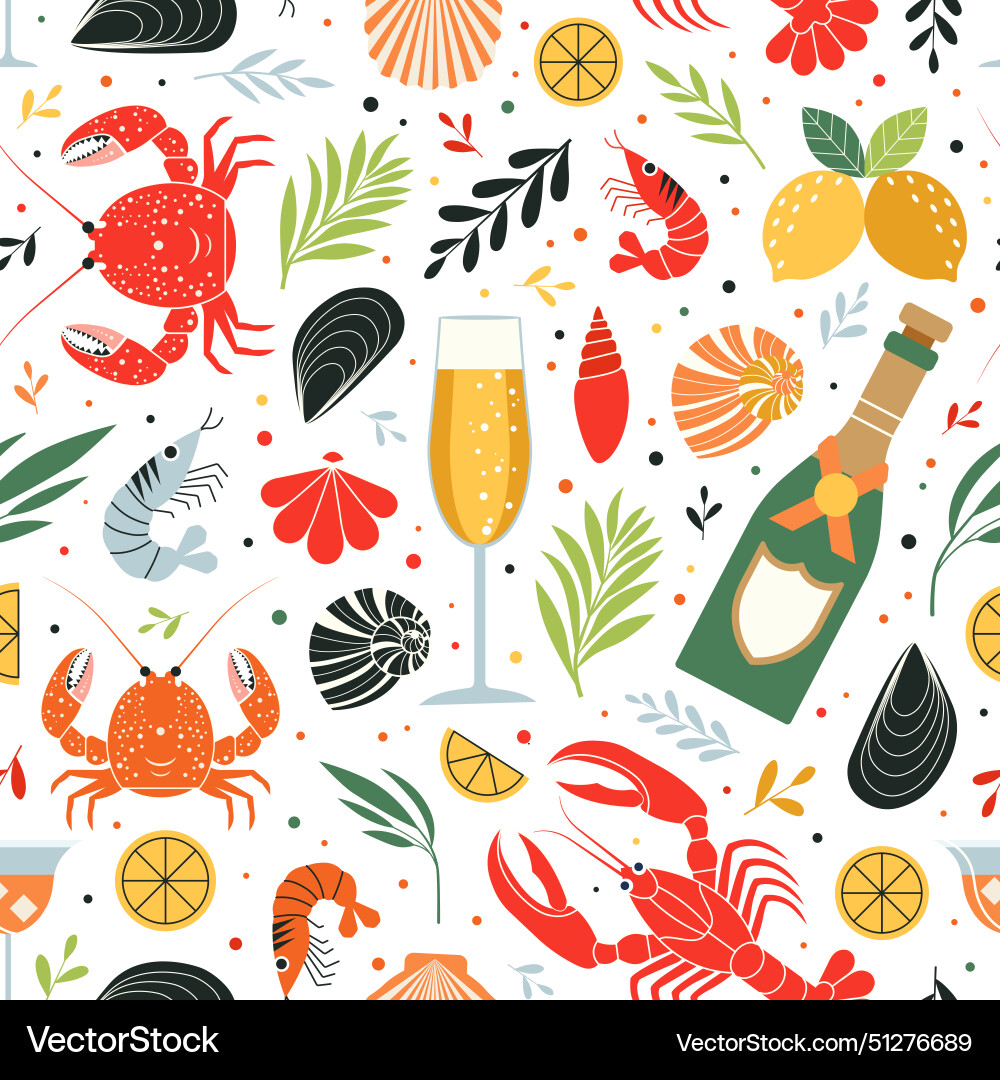 Seafood pattern with lobsters shrimps and drinks Vector Image