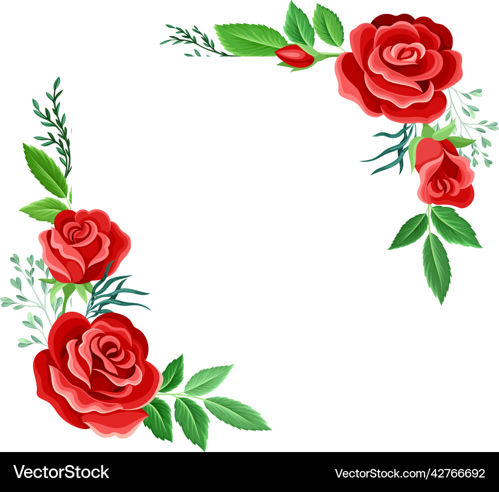 Corner rose frame with red lush bud and green Vector Image