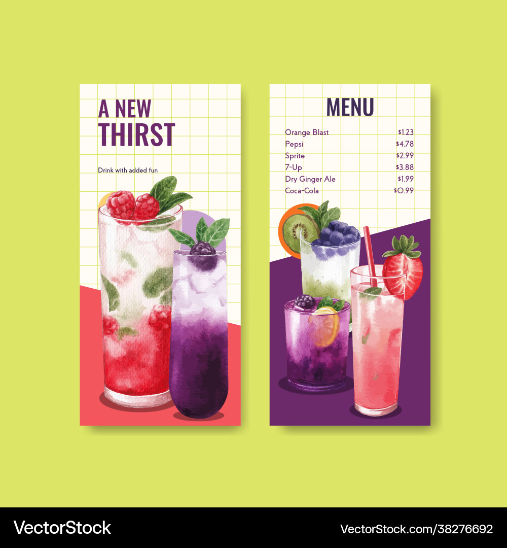 Soda drink menu leaflet and brochure watercolor Vector Image