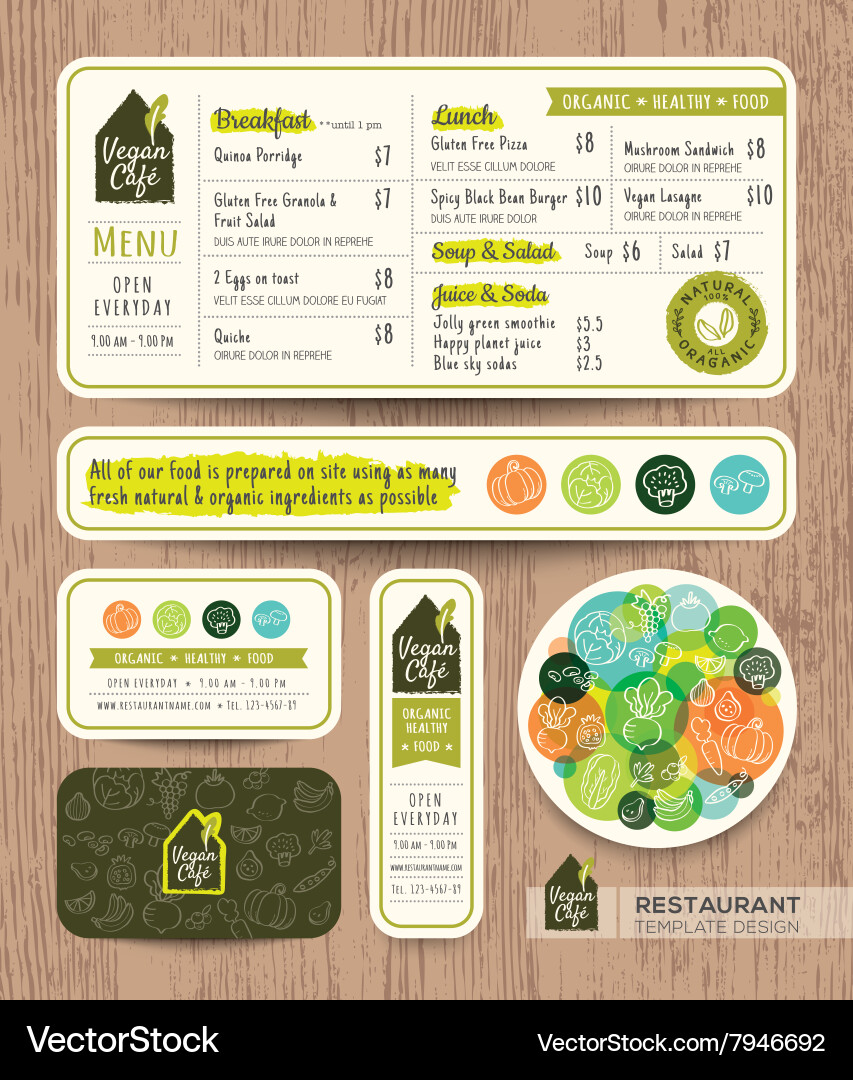 Vegan healthy restaurant cafe set menu template Vector Image