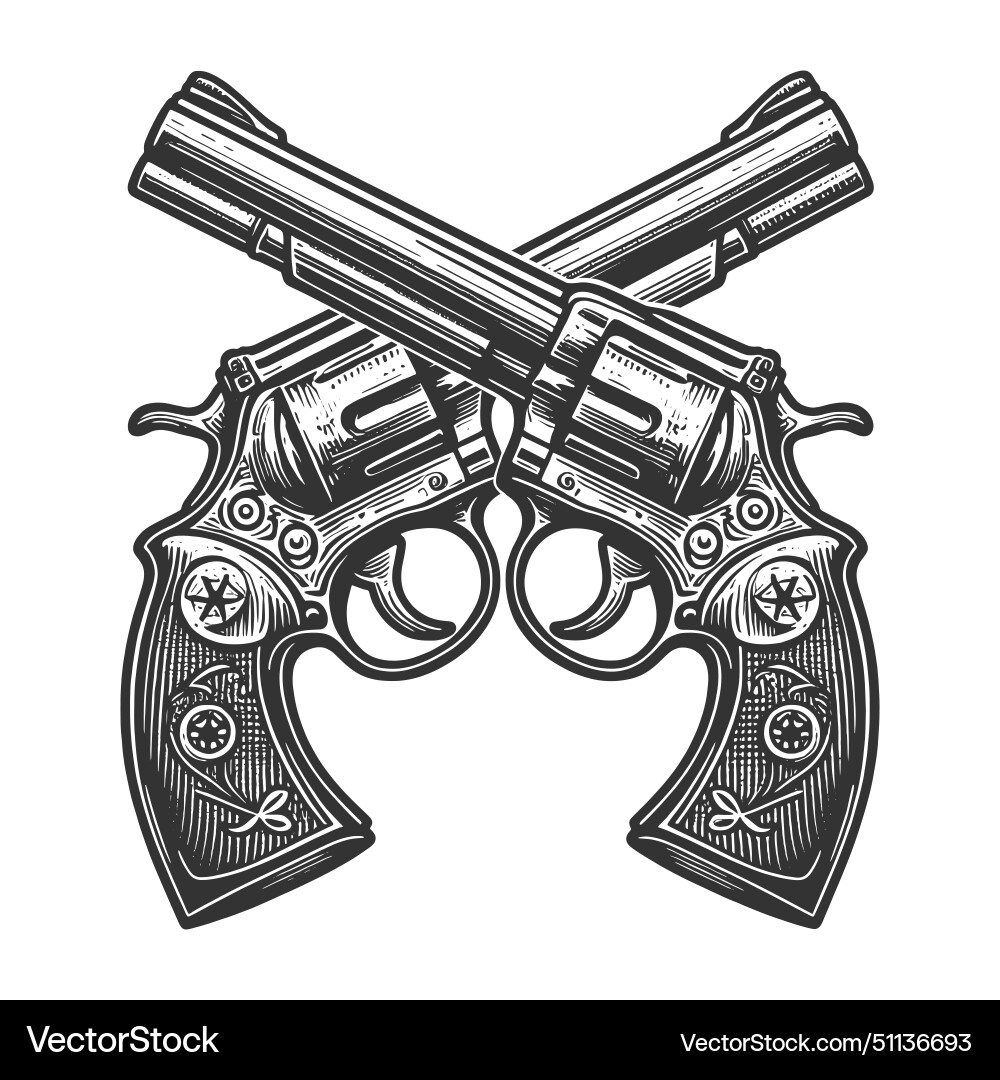 Crossed vintage revolvers engraving Royalty Free Vector