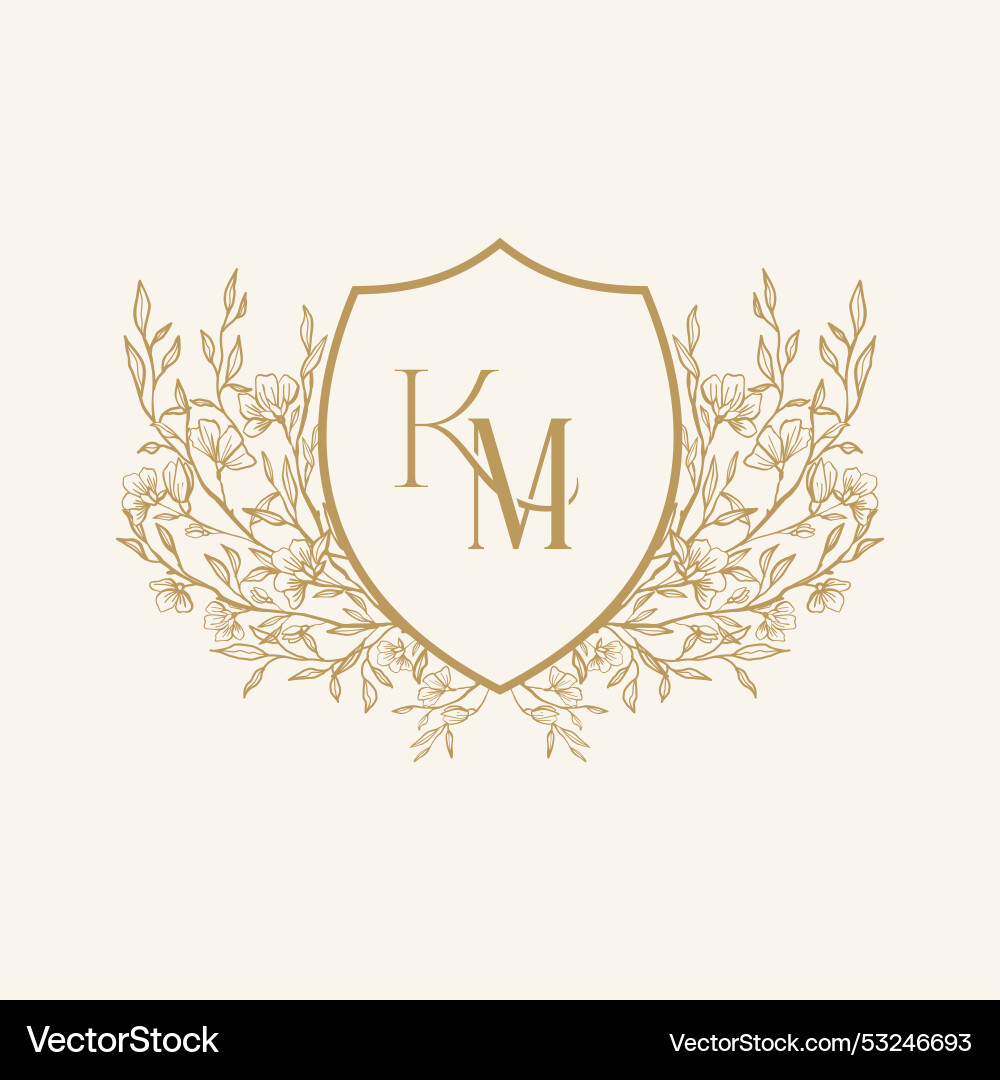 Elegant classical wedding floral crest km initial Vector Image