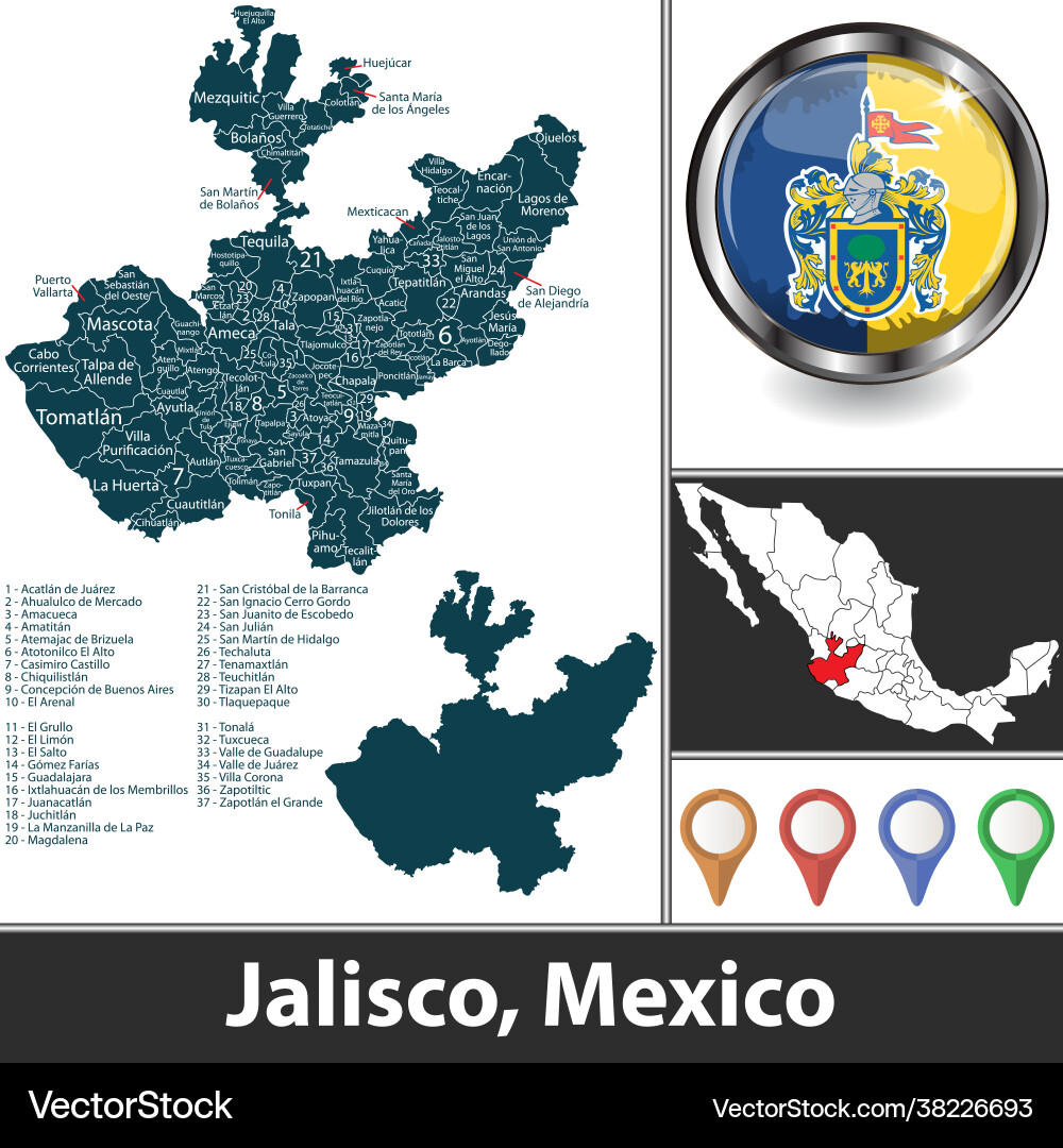 Map of Jalisco, Mexico Royalty Free Vector Image
