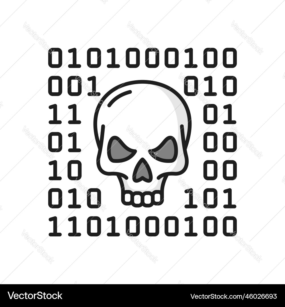 Skull and binary system cyber attack line icon Vector Image