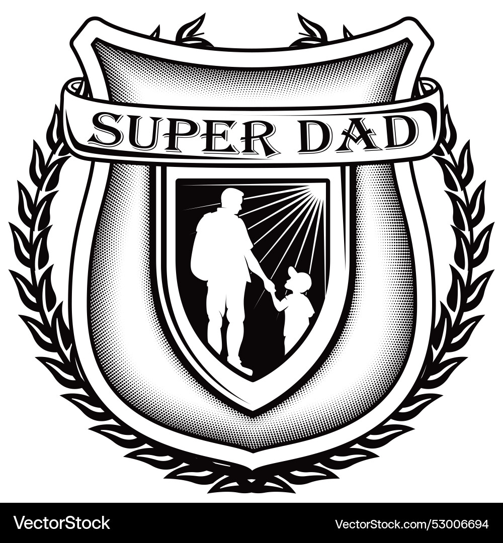 Super dad shield with father and son Royalty Free Vector