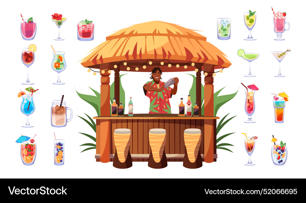 Beach bar with bartender tropical fresh drinks Vector Image
