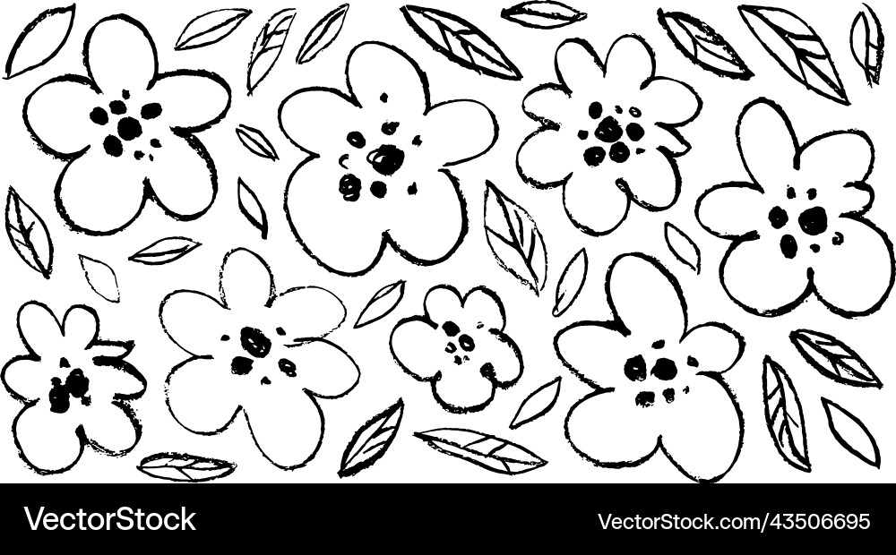 Linear flowers and leaves drawn with charcoal Vector Image