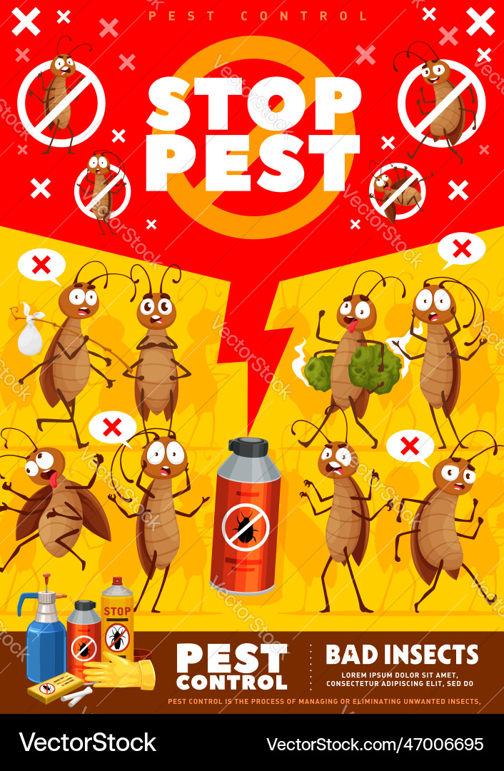 Pest control poster or flyer with funny cockroach Vector Image