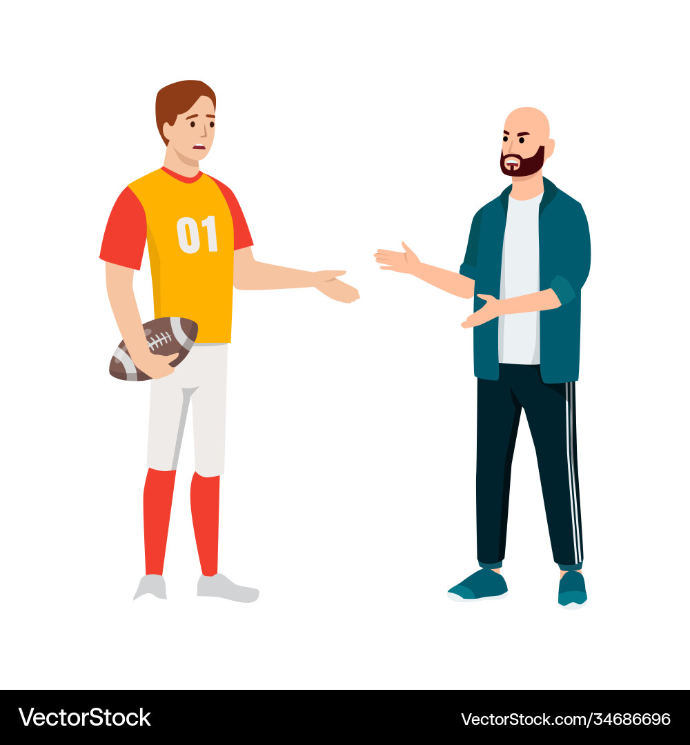 Coach talking to a rugby player about tactical Vector Image