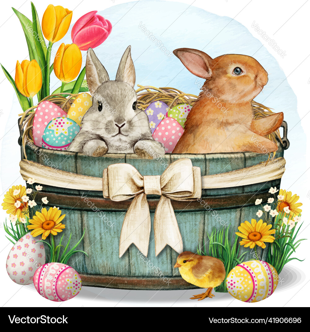 Watercolor Easter Basket with Bunnies Royalty Free Vector