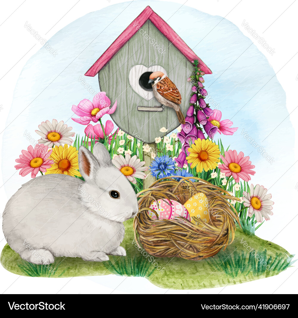 Watercolor Easter with Bunnies & Birdhouse Vector Image