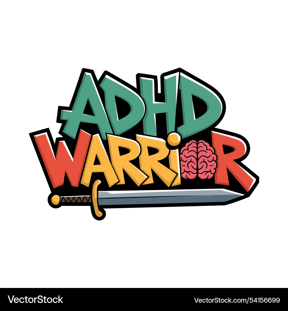 Adhd warrior typography with sword and brain Vector Image